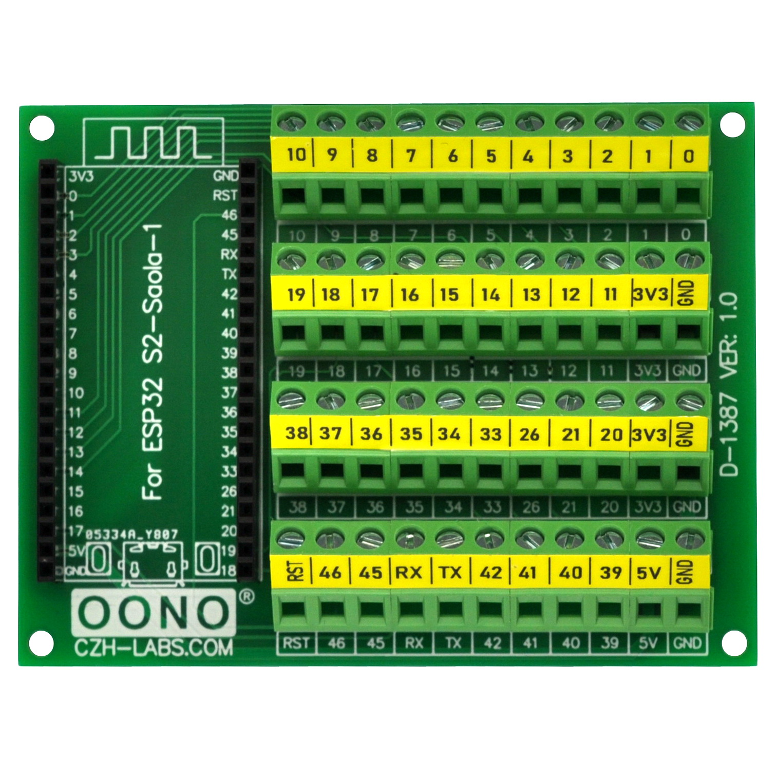 Screw Terminal Block Breakout Module Board for ESP32-S2-Saola-1 Screw Terminal Block Breakout Module Board for ESP32-S2-Saola-1